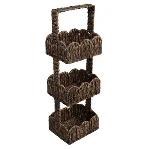 HAPPIMESS Terra Coastal Handwoven Water Hyacinth 3-tier Scalloped Basket Freestanding Storage Tower Stand With Top Handle - Brown