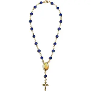 THE M JEWELERS 18k Gold Plated Rosary Anklet With Crucifix Pendant - Gold/dk Blue