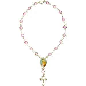 THE M JEWELERS 18k Gold Plated Rosary Anklet With Crucifix Pendant - Gold/pink