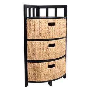 HAPPIMESS Quart Handcrafted Acacia Wood 3-tier Corner Storage Cabinet With 3 Water Hyacinth Baskets - Black