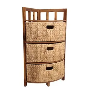 HAPPIMESS Quart Handcrafted Acacia Wood 3-tier Corner Storage Cabinet With 3 Water Hyacinth Baskets - Natural