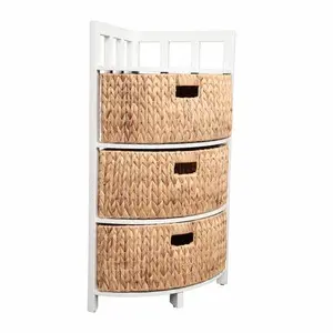 HAPPIMESS Quart Handcrafted Acacia Wood 3-tier Corner Storage Cabinet With 3 Water Hyacinth Baskets - White