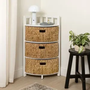 HAPPIMESS Quart Handcrafted Acacia Wood 3-tier Corner Storage Cabinet With 3 Water Hyacinth Baskets