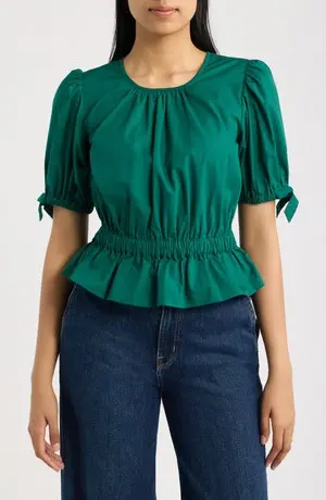 CECE DUPRAZ Balloon Sleeve Cotton Poplin Top - Deep Spruce