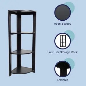 HAPPIMESS Terra Rustic Handcrafted Acacia Wood 4-tier Indoor/outdoor Folding Corner Storage Rack - Black