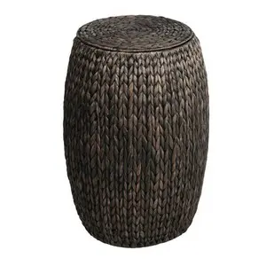 HAPPIMESS Colt Coastal Bohemian Handwoven Hyacinth Barrel Storage Stool With Lid - Black