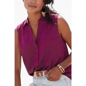 LASCANA Sleeveless Button Down Blouse - Plum
