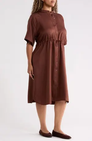 Eileen Fisher Silk Mandarin Collar Midi Dress