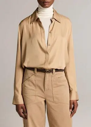 Vince Double-detail Silk-blend Button-front Shirt - Oak Buff