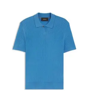 BOSS Silk Knit Polo With Ribbed Texture - Light Blue