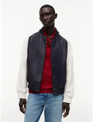 Tommy Hilfiger Colorblock Leather Varsity Bomber Jacket - Navy