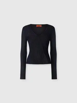 Missoni Ribbed Viscose Lamé V-neck Sweater - Navy Blue