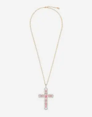 Dolce & Gabbana 18 Kt Gold Cross Pendant Necklace With Tourmalines