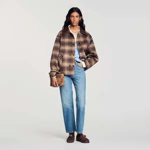 Sandro Check Jacket With Leather Collar - Brown