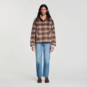 Sandro Check Jacket With Leather Collar