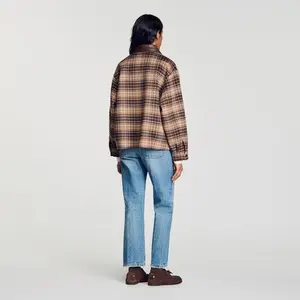 Sandro Wool Check Jacket With Leather Collar