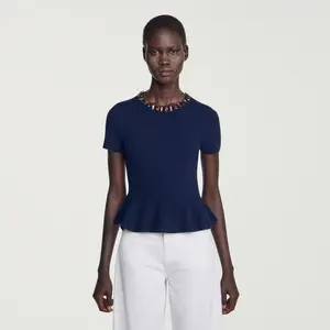 Sandro Peplum Sweater With Rhinestone Neckline