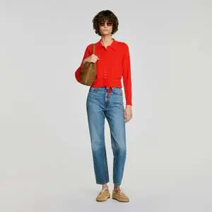 Sandro Pointelle Knit Cardigan With Adjustable Waist Tie - Red