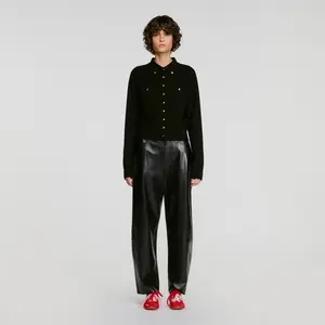 Sandro Wool Cardigan With Metal Buttons And Patch Pockets - Black