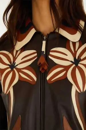 Farm Rio Flower Cutwork Collared Leather Jacket