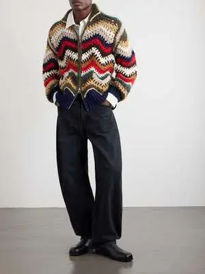 Sacai Striped Crocheted Zip-up Cardigan