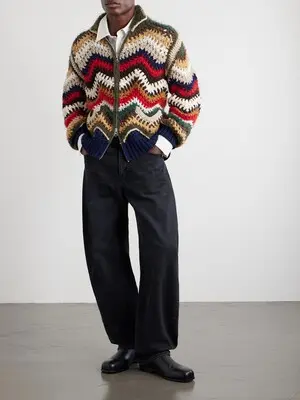 Sacai Striped Crocheted Zip-up Cardigan