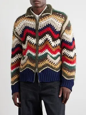Sacai Striped Crocheted Zip-up Cardigan