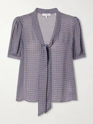 FRAME Checked Silk Blouse With Front Tie Detail - Brown