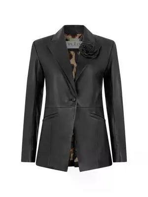 Philipp Plein Fitted Leather Blazer With Floral Appliqu - Black
