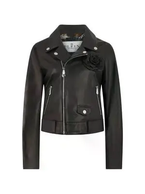 Philipp Plein Boxy Biker Jacket With Floral Detail - Black