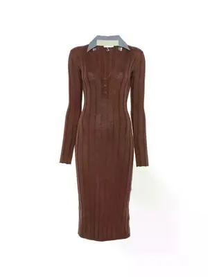 Patrizia Pepe Ribbed-knit Contrast-collar Midi Dress - Brown