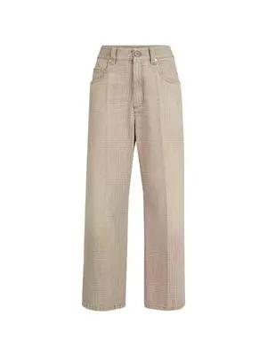 Brunello Cucinelli Prince Of Wales Denim Contemporary Square Trousers With Monili - Neutrals