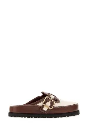 BIRKENSTOCK Two-tone Leather And Canvas Boston Slippers