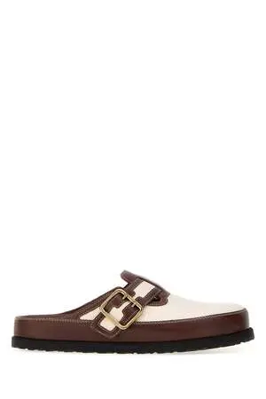 BIRKENSTOCK Two-tone Leather And Canvas Boston Slippers - White