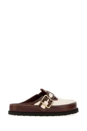 BIRKENSTOCK Two-tone Leather And Canvas Boston Slippers