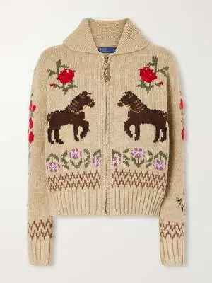 Polo Ralph Lauren Embroidered Cotton And Wool-blend Cardigan - Tan