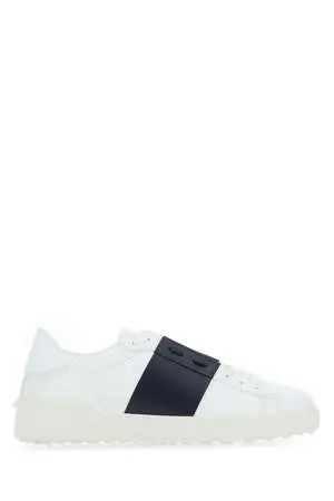 Valentino Garavani Leather Open Sneakers With Blue Navy Band - White