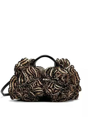 GANNI Mini Ruffled Straw Tote Bag - Black