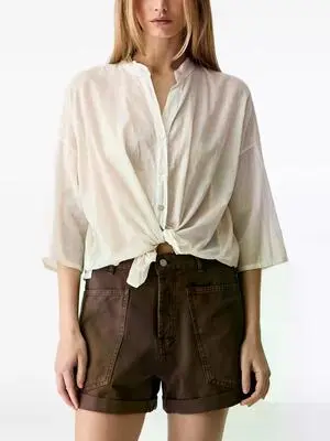HAVEONE Band Collar Front Tie Shirt