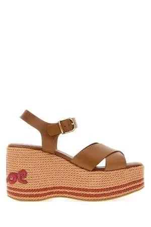 Chloé Camel Leather Platform Wedge Sandals - Brown