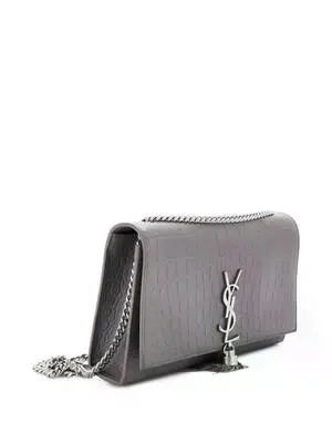 Saint Laurent Monogram Tassel Crocodile Embossed Leather Medium Crossbody Bag - Grey