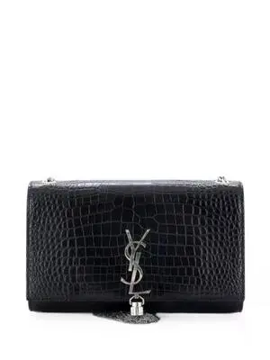 Saint Laurent Classic Monogram Tassel Crocodile Embossed Leather Medium Crossbody Bag - Black