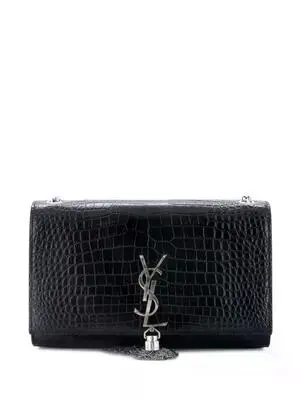Saint Laurent Classic Monogram Tassel Crocodile Embossed Leather Medium Crossbody Bag - Black