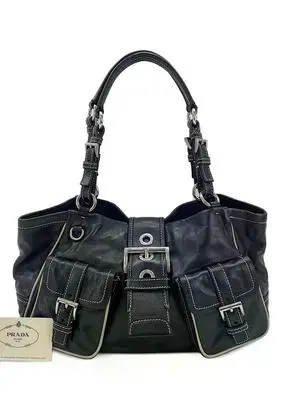 Prada 2000s Buckled Leather Tote Bag - Black