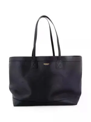 Burberry Leather Tote Bag With Check Canvas Interior - Black