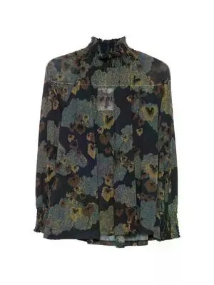 SIYU Floral Print Smocked Neck Blouse - Blue