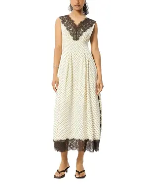 Whistles Lace Trim V Neck Spot Midi Dress - Yellow Multi