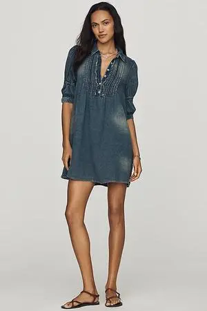 PILCRO Tallulah Cotton Puff Sleeve Mi Dress - Light Denim