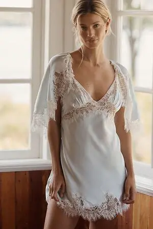 Bhldn Sat Lace Slip & Cape Set - Delicate Blue