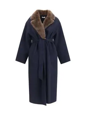 P.a.r.o.s.h Wool Coat With Fur Collar And Belt - Blue
